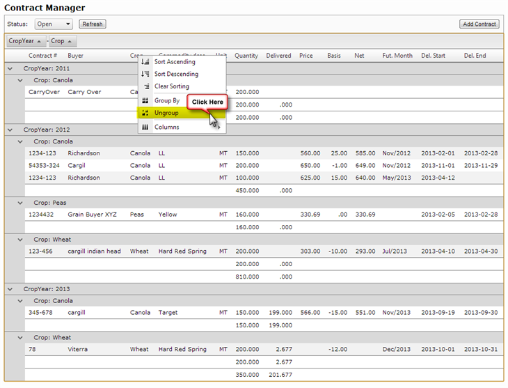 Group, Sort, Filter, and Customize Contracts - Agri-Data Solution